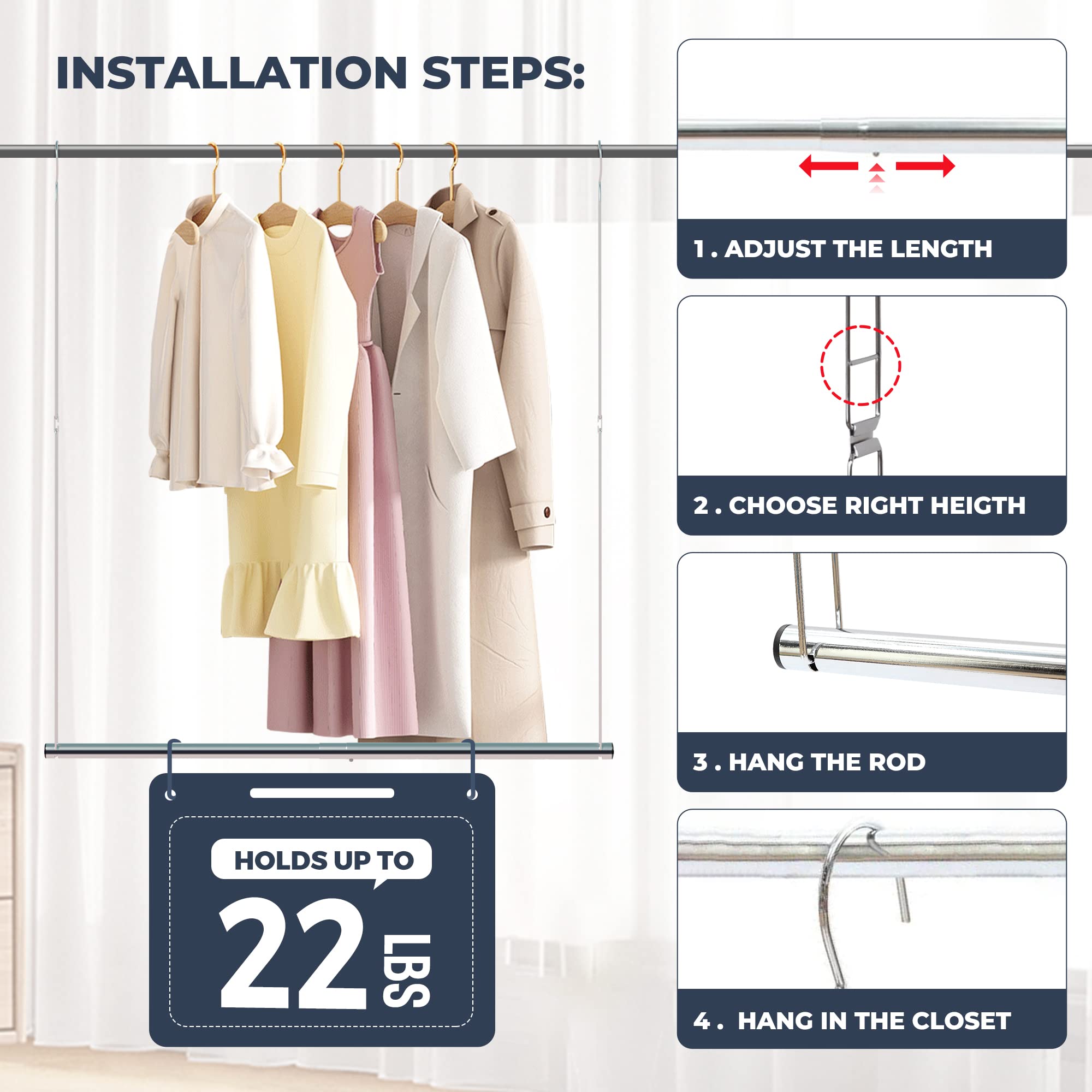 STO STO 1 Pack Closet Hanging Rod, Length and Height Adjustable Closet Rod, Space-saving Closet Extender Hanging Bar for Hanging Clothes, Chrome