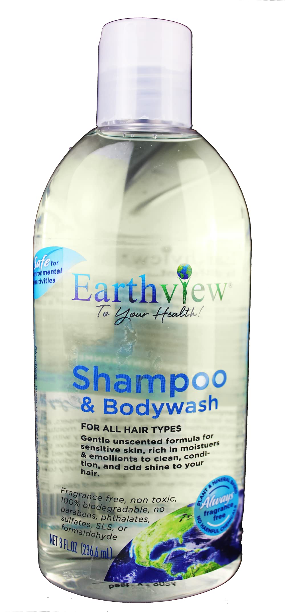 Earthview Fragrance Free Shampoo & Bodywash, 8 Fl Oz, All Hair Types- Designed for Environmental Sensitivities (MCS, EI, MI, Sulfate free, SLS free, Sensitive Skin, Unscented, Free & Clear, Naturally Derived, Eco-Friendly, Hypoallergenic)