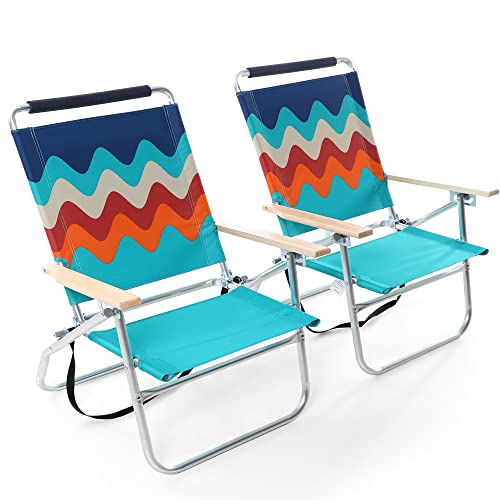GREEN PARTY Beach Chair 2 Pack Aluminum Lightweight Folding Reclining Beach Chair with 3 Positions, Cooler Bag, and Wooden Armrest for Outdoor Camping Lawn, Support 250LBS, Blue