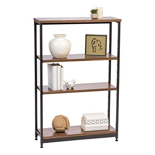 IRIS USA 31.5" 4-Tier Wide Wood and Metal Shelf, Sturdy Home Décor Storage Rack with Height Adjustable Shelves and Feet, Dark Brown/Black