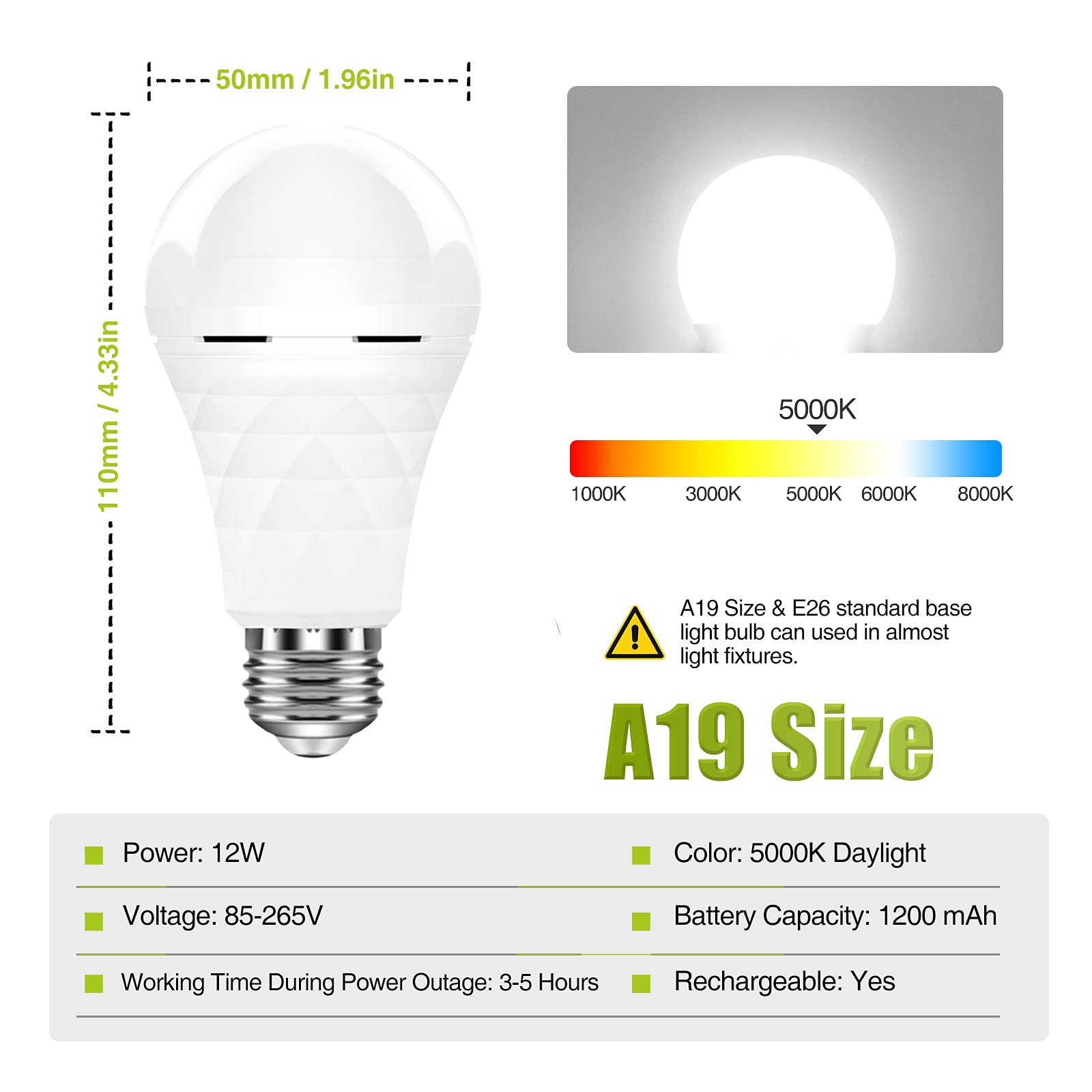 A19 Emergency Rechargeable Light Bulbs, Keep Lighting During Power Outage, Led Bulb 60 Watt Equivalent, 5000K Daylight Light Bulb 1200mAh Battery Backup Light Bulbs for Daily Used & Home Power Failure