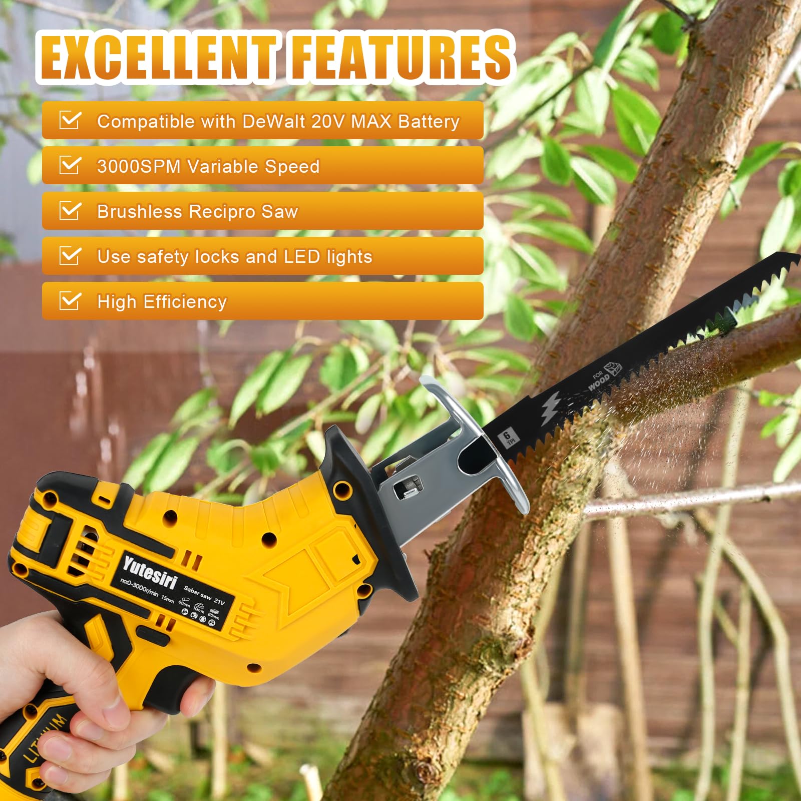 Cordless Reciprocating Saw,Compatible with DeWalt 20V MAX Battery,0-3000SPM Variable Speed, Brushless Recipro Saw,4 Saw Blades, Power Reciprocating Saws for Wood/Metal/PVC Cutting(Battery not include)