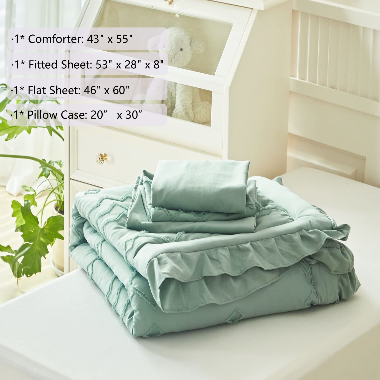 AIKASY Toddler Bedding Set 4 Pieces Super Soft Comforter Set, Shabby Boho Bohemian Design for Boys and Girls(Ruffle Fringe Comforter, Flat Sheet, Fitted Sheet and Pillowcase)- Green