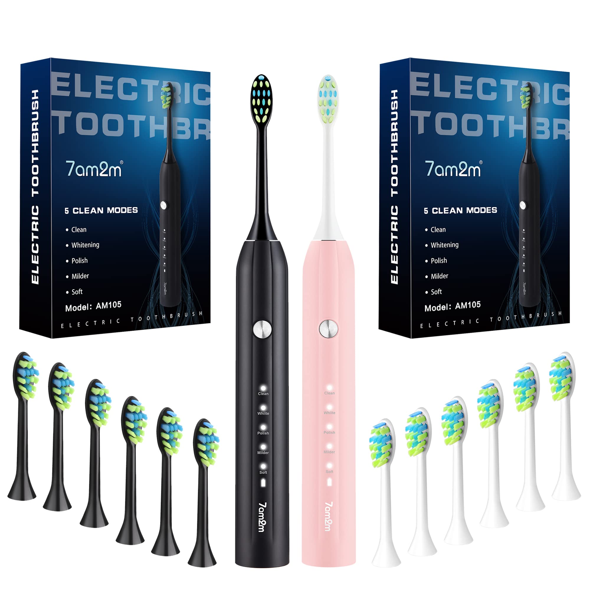 7AM2M Sonic Electric Toothbrush 2 Pack Set for Kids and Adults, 12 Brush Heads,5 Adjustable Modes, Built-in 2-minute Smart Timer, USB Charge IPX7 Waterproof SonicToothbrush (BLACK&PINK)
