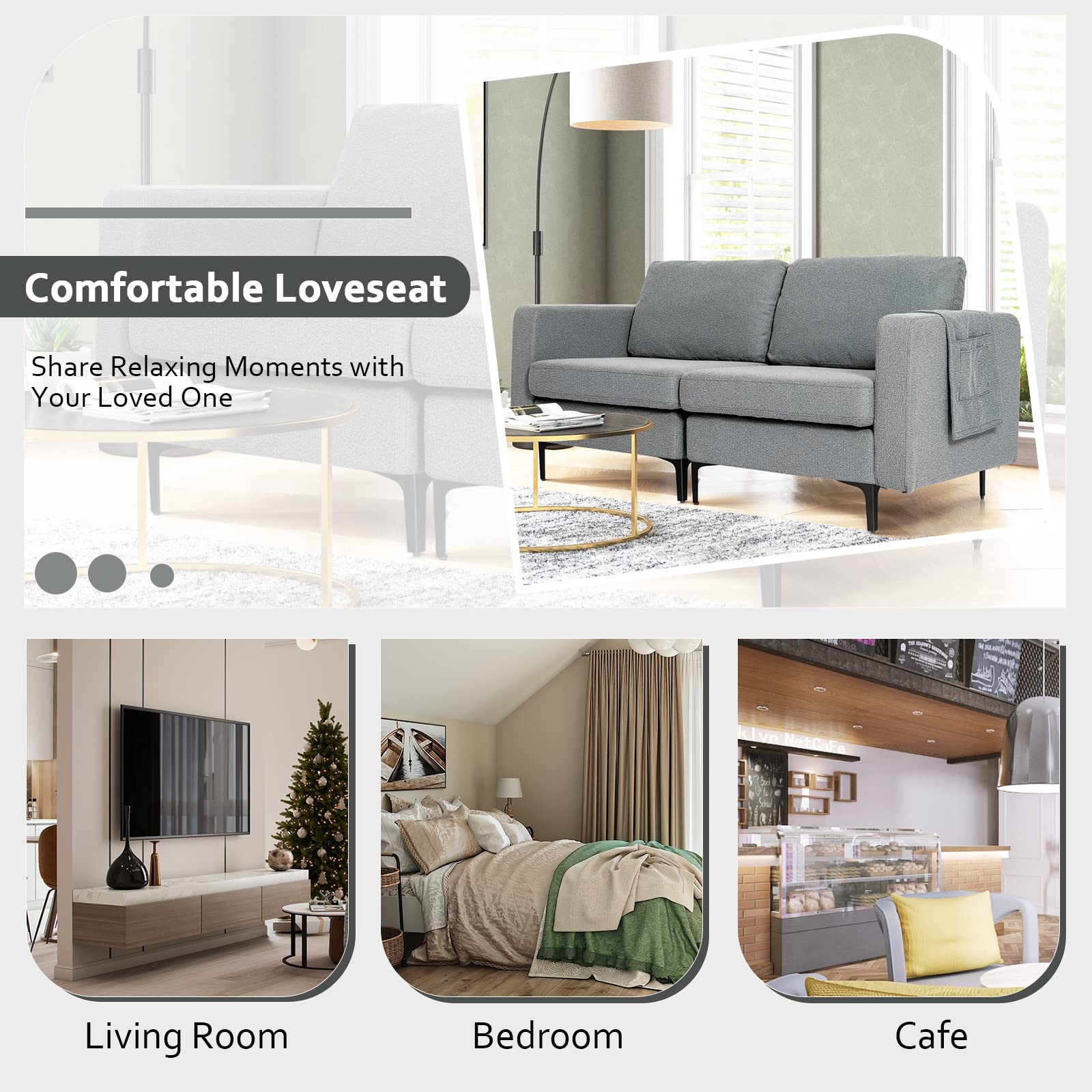 Giantex 2-Seat Sofa Couch, 66" L Modern Loveseat, Thick Cushion, Armrest Magazine Holder with 2 Pockets, Metal Legs, Ideal for Living Room Reception Room Office
