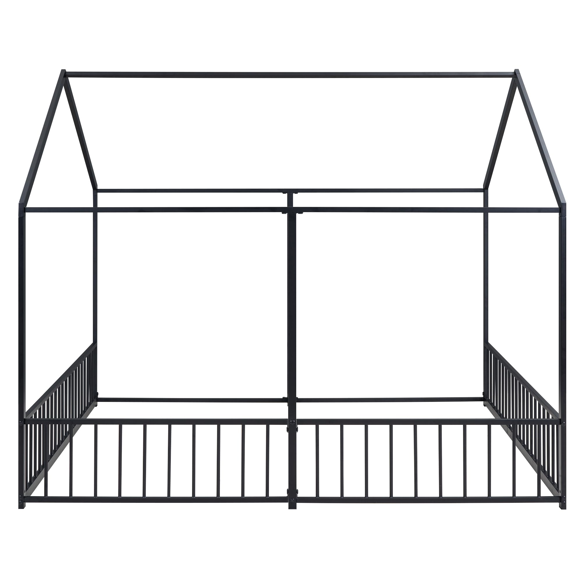 Double Floor Bed for Twins,Twin Size House Bed for 2 Kids,Two Shared Beds,Twin House Platform Beds,Metal Floor Bed Frame with Rails for Girls,Boys(Black)