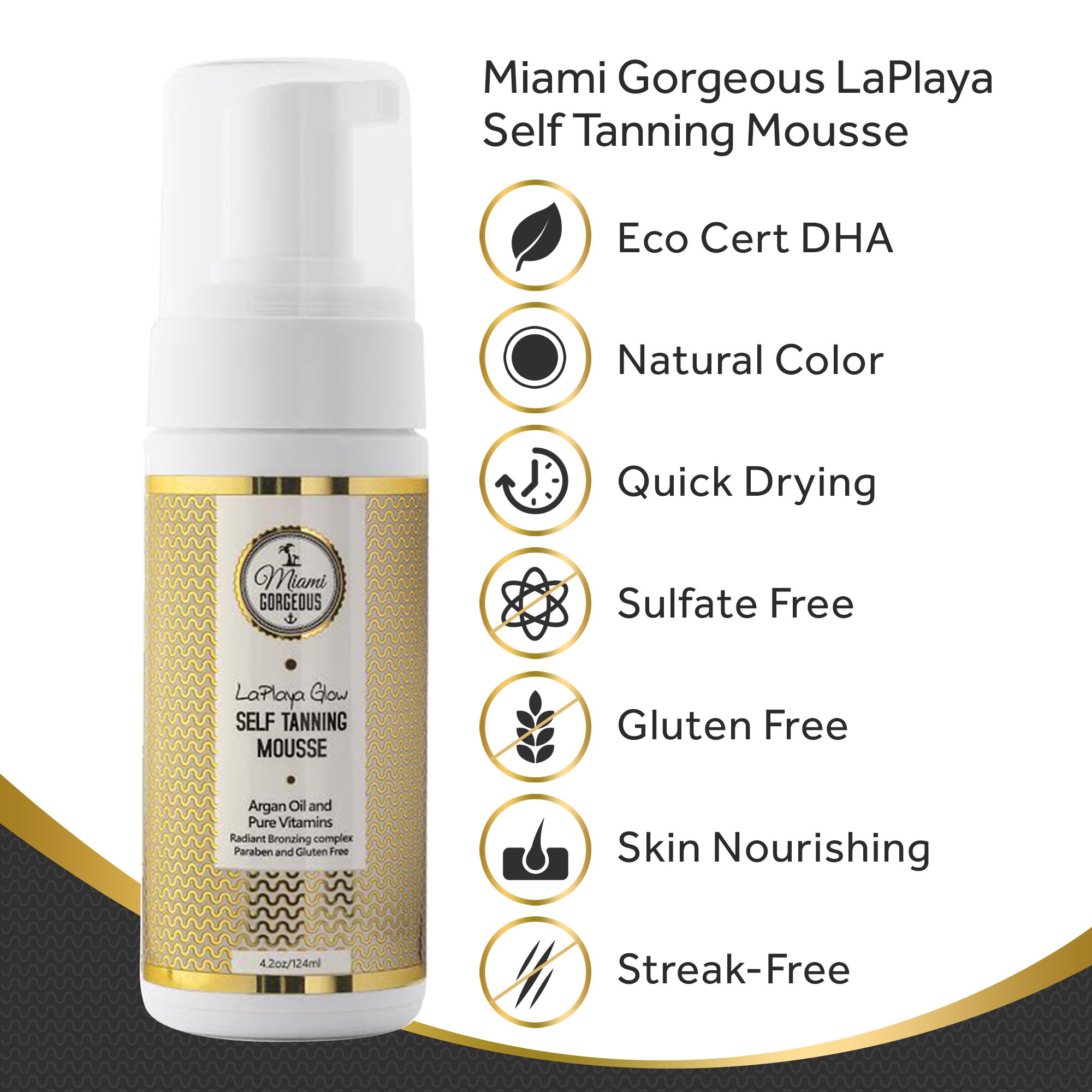 Miami Gorgeous Self Tanning Mousse LaPlaya Glow Instant Self Tanner Bronzing Mousse to Tan Skin Organic Ingredients Best Natural Self Tanner Satisfaction Guarantee 4.2 oz