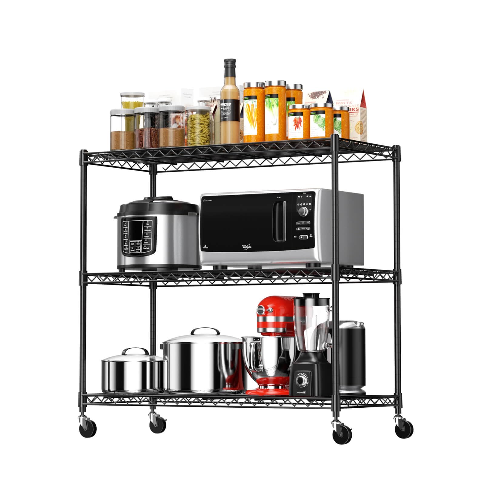 LaCyan 3-Tier Adjustable Storage Shelving Unit, Heavy Duty Steel Wire Rack with Wheels and Adjustable Feet for Pantry, Garage, Bakers Rack Kitchen Shelving (350 lbs/Shelf), Black