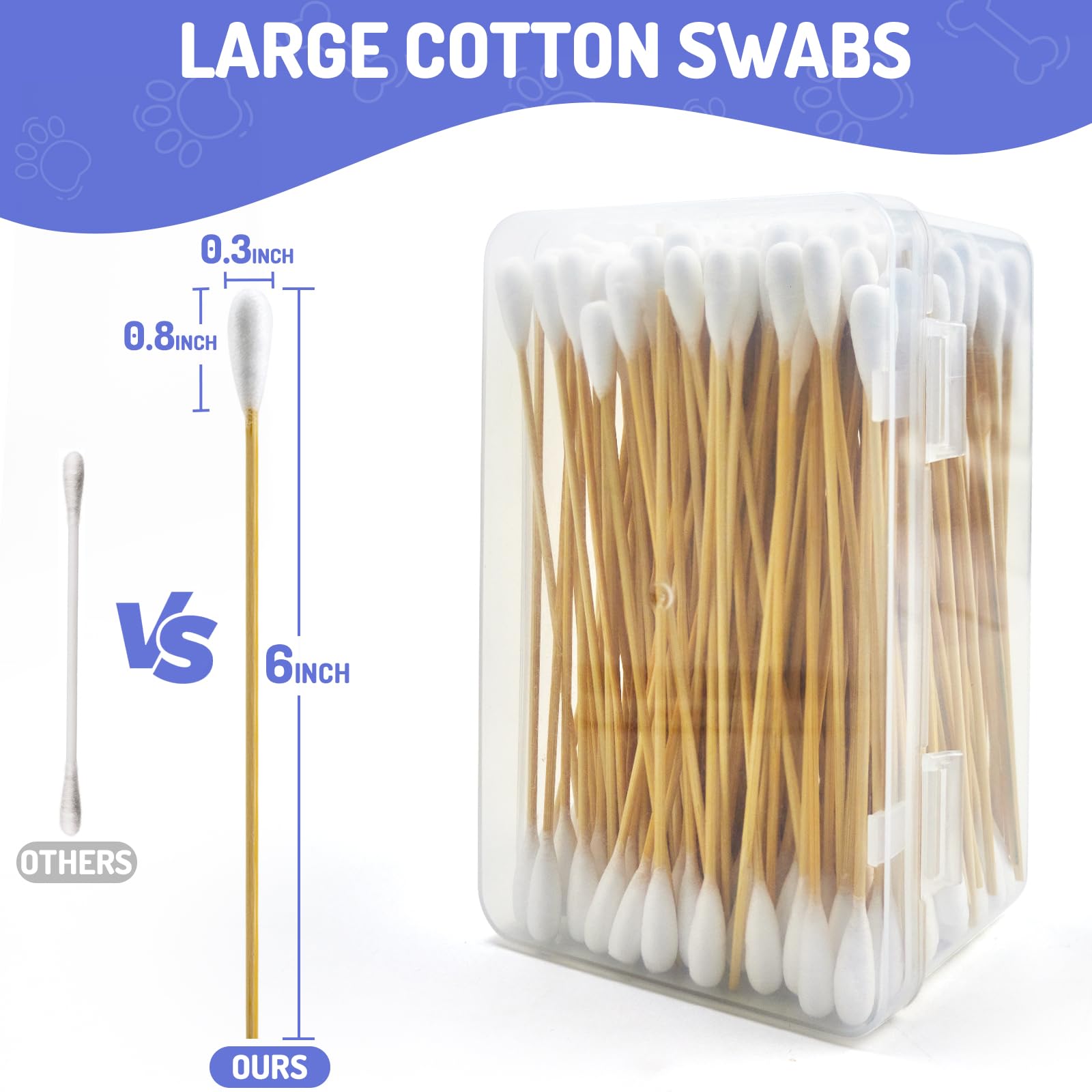 Accesfire 200pcs Large Cotton Swabs in Storage Box, 6 Inch Long Cotton Swabs with Bamboo Handle for Dogs - Professional Dog Ear Swabs, Big Cotton Swabs, Specially Designed for Dogs, Cleaning Solution