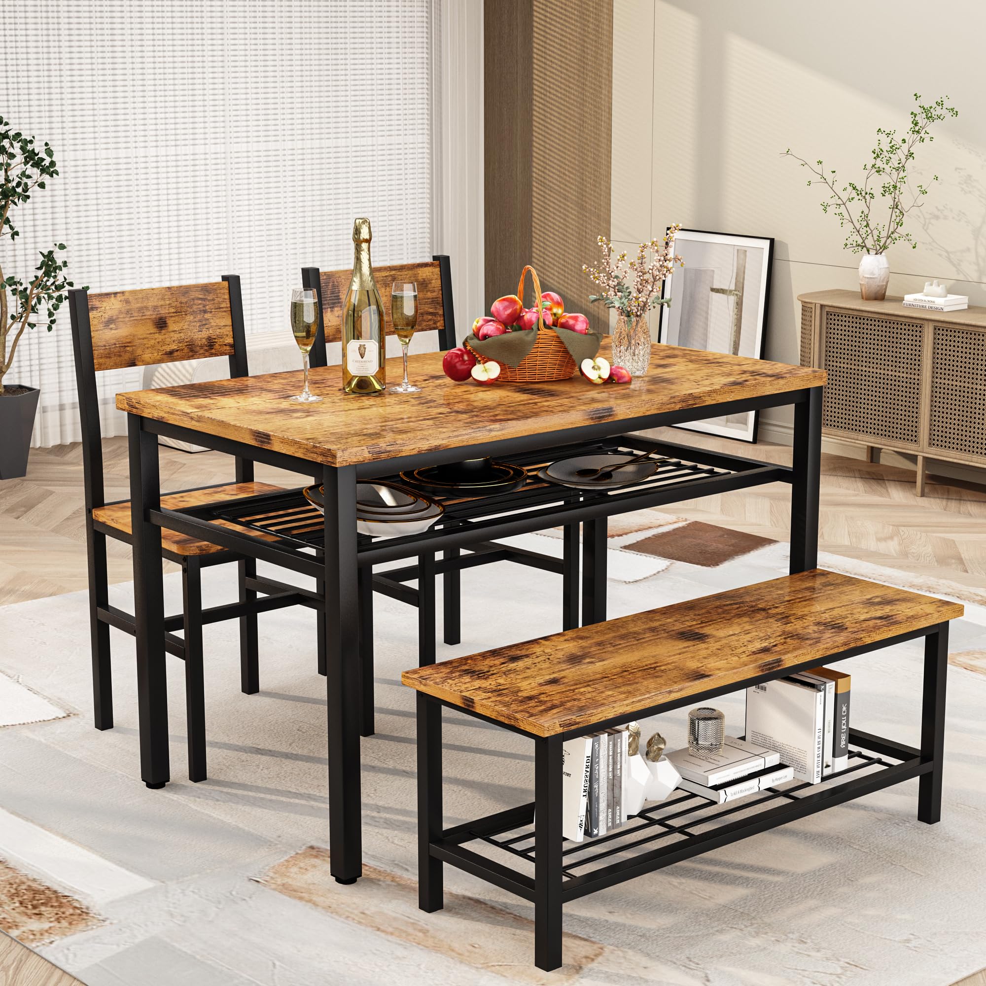 AWQM 4 Pieces Kitchen Table Set, Industrial Dining Table with 2 Chairs and Bench, Storage Racks, Space-Saving Table Set for Small Space, Apartment, Living-Room, Restaurant, Vintage Brown