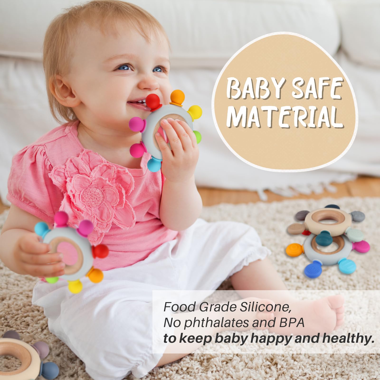 Baby Teething Toys, Silicone Chewable Teethers with Wooden Ring for Soothing Babies Gums, Rudder Chewers Shower Gift for lnfants & Toddlers, 3+ Months (6 Directions, Gray)