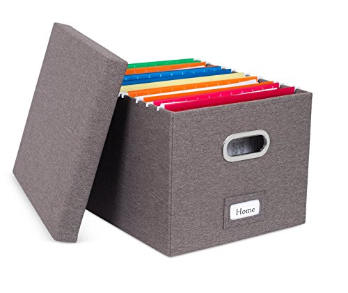 Internet's Best Collapsible File Box Storage Organizer with Lid - Decorative Linen Filing & Storage Office Boxes â Hanging Letter/Legal Folder â Home Office Bins Cabinet â Grey Container - 1 Pack