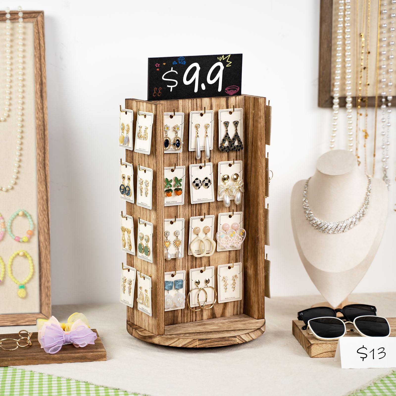 Pinzoveco Rotating Earring Display Stands for Selling with Adversitsing Board, Real Wood Jewelry Display Stand for Vendors, Large Capacity Earring Cards for Selling Rack Holder (Carbonized Brown)