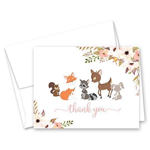 InvitationHouse Forest Woodland Animals Baby Shower Thank You Cards - Set of 50 (Pink, Brown)