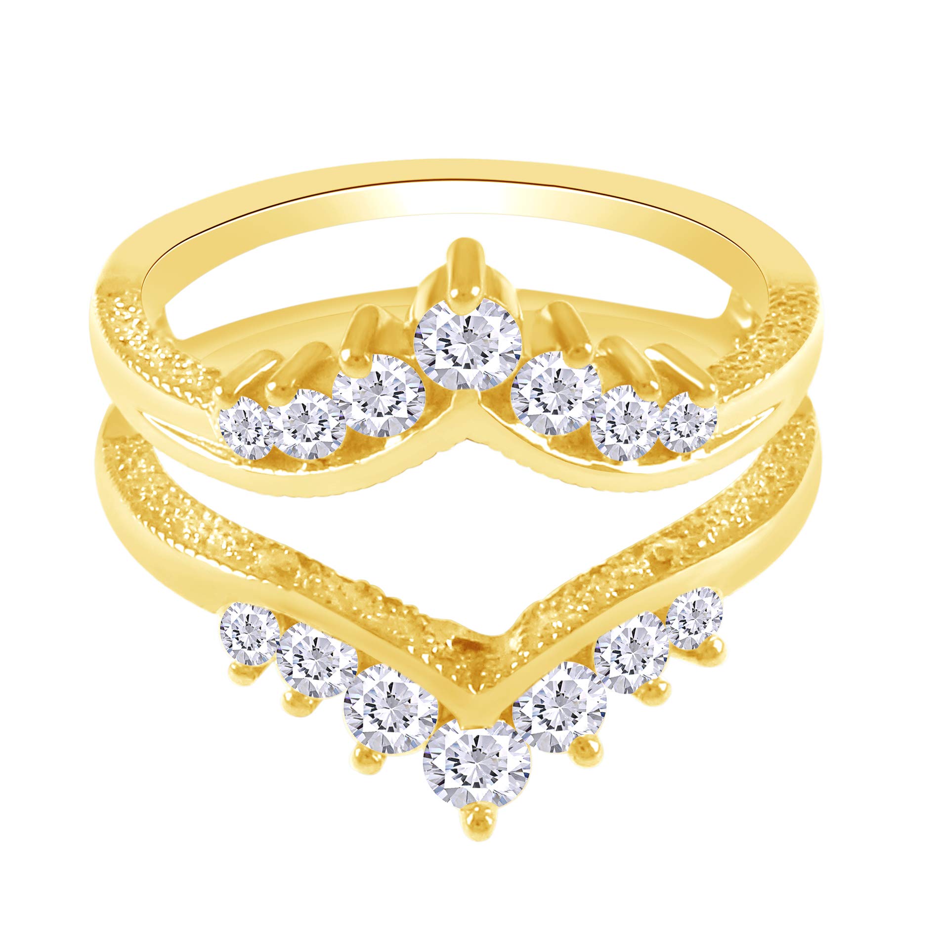 AFFY 1.48 Carat Round White Cubic Zirconia Chevron Enhancer Guard Ring 14K Yellow Gold Over Sterling Silver Ring Size-5