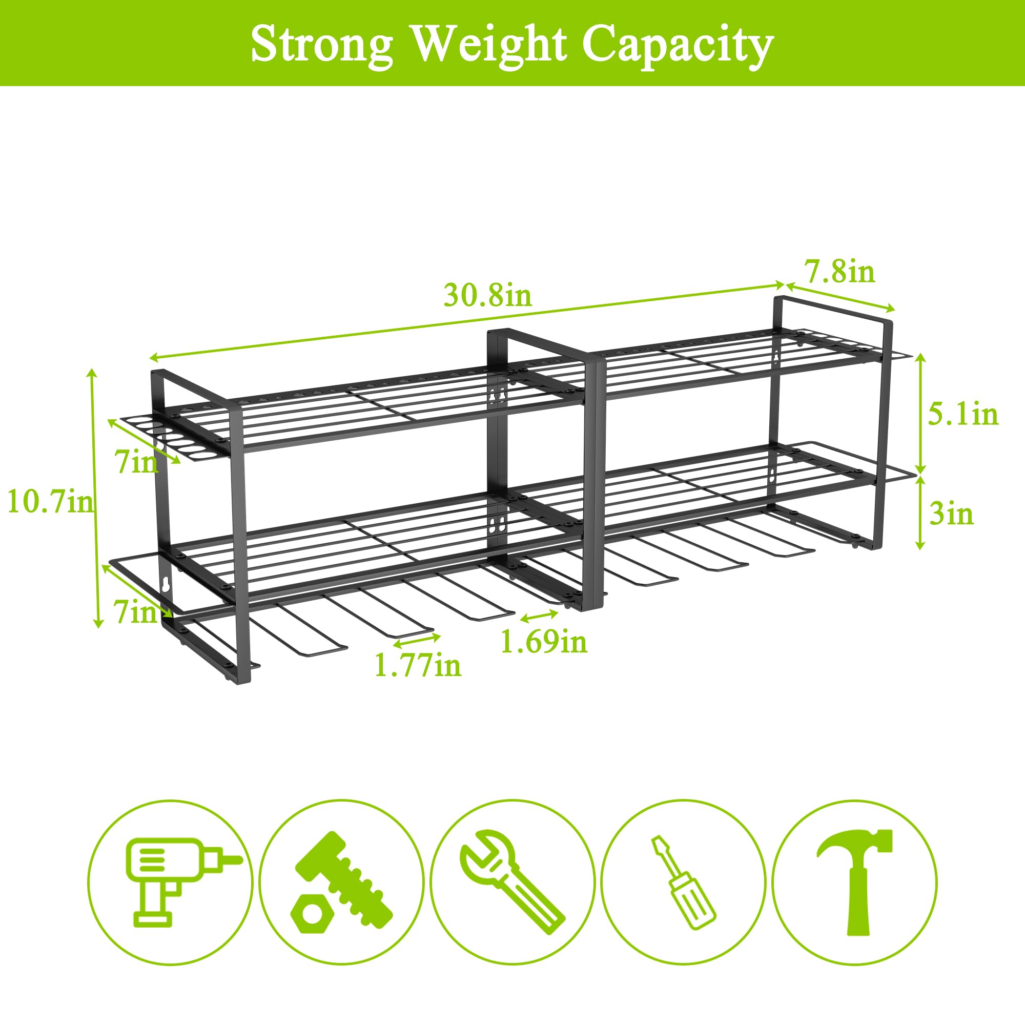Power Tool Organizer,8 Power Drill Holder Wall Mount,3 Layers Power Tool Storage Rack Shelf with Hooks,Heavy Duty Metal Cordless Powertool Shelf for Garage Organization with Screwdriver/Plier/Hammer