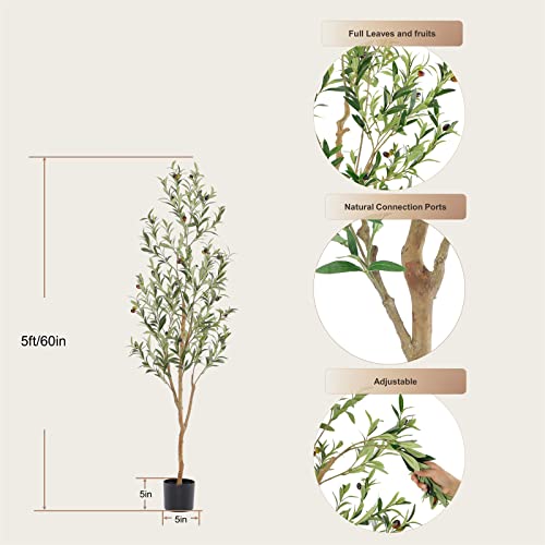 Bellacat Faux Olive Tree 5ft,Olive Trees Artificial Indoor with Natural Wood Trunk and Realistic Leaves and Fruits. 5 Feet(60in) Fake Olive Tree for Home House Office Décor.