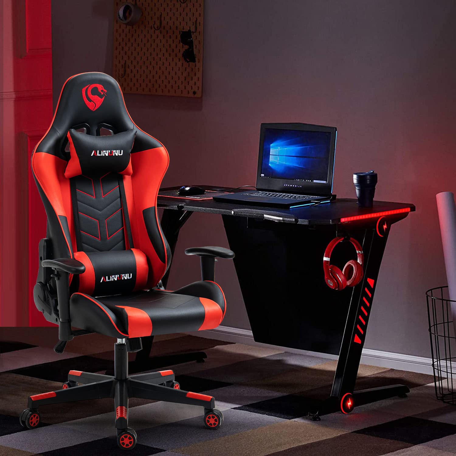 ALINUNU Gaming Chair, Video Game Chair, Computer Office Chair, High-back Ergonomic Racing Seat, Lumbar Support, Adjustable Backrest, Can Recline Gaming Chair (RED)