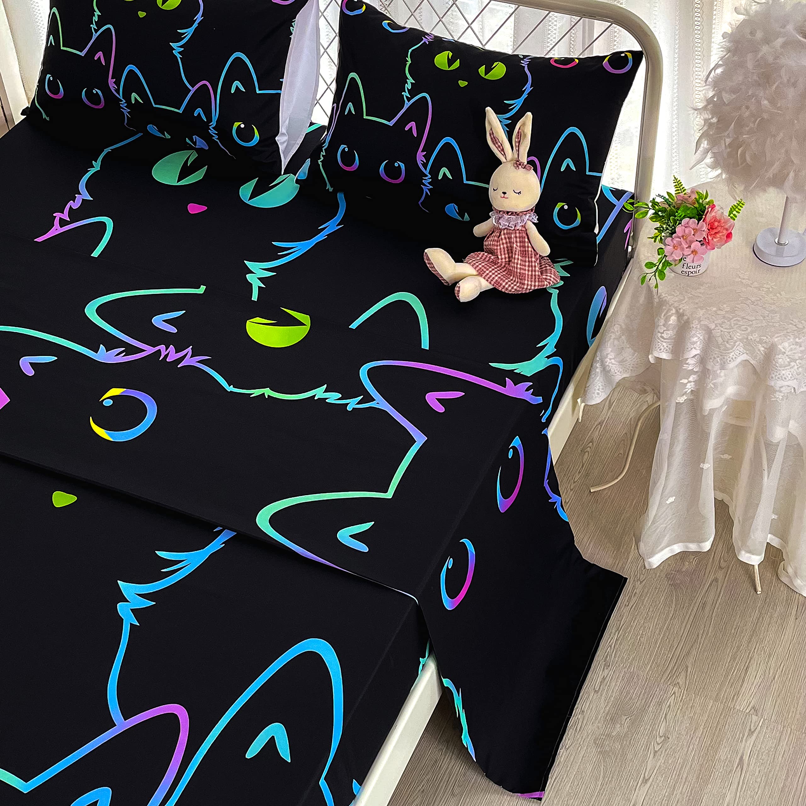 BailiPromise Cute Cartoon Cat Sheets Set Twin Size,Kawaii Simple Strokes Animals Kids Bed Sheets with Pillowcase,Cot Sheets Fitted Sheet with 16" Deep Pocket,for Girls Boys Teen Bedding 4 Piece Set