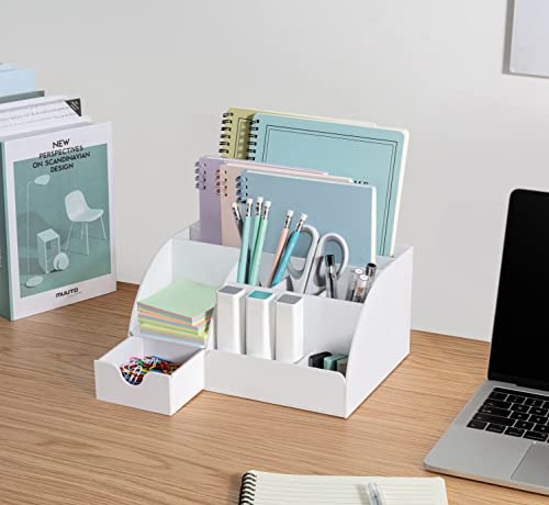 Office Desk Organizer, White Acrylic, with Drawer, 9 Compartments, All in One Office Supplies and Cool Desk Accessories Organizer, Pen Holder, Enhance Your Office Decor Desktop Organizer (White)