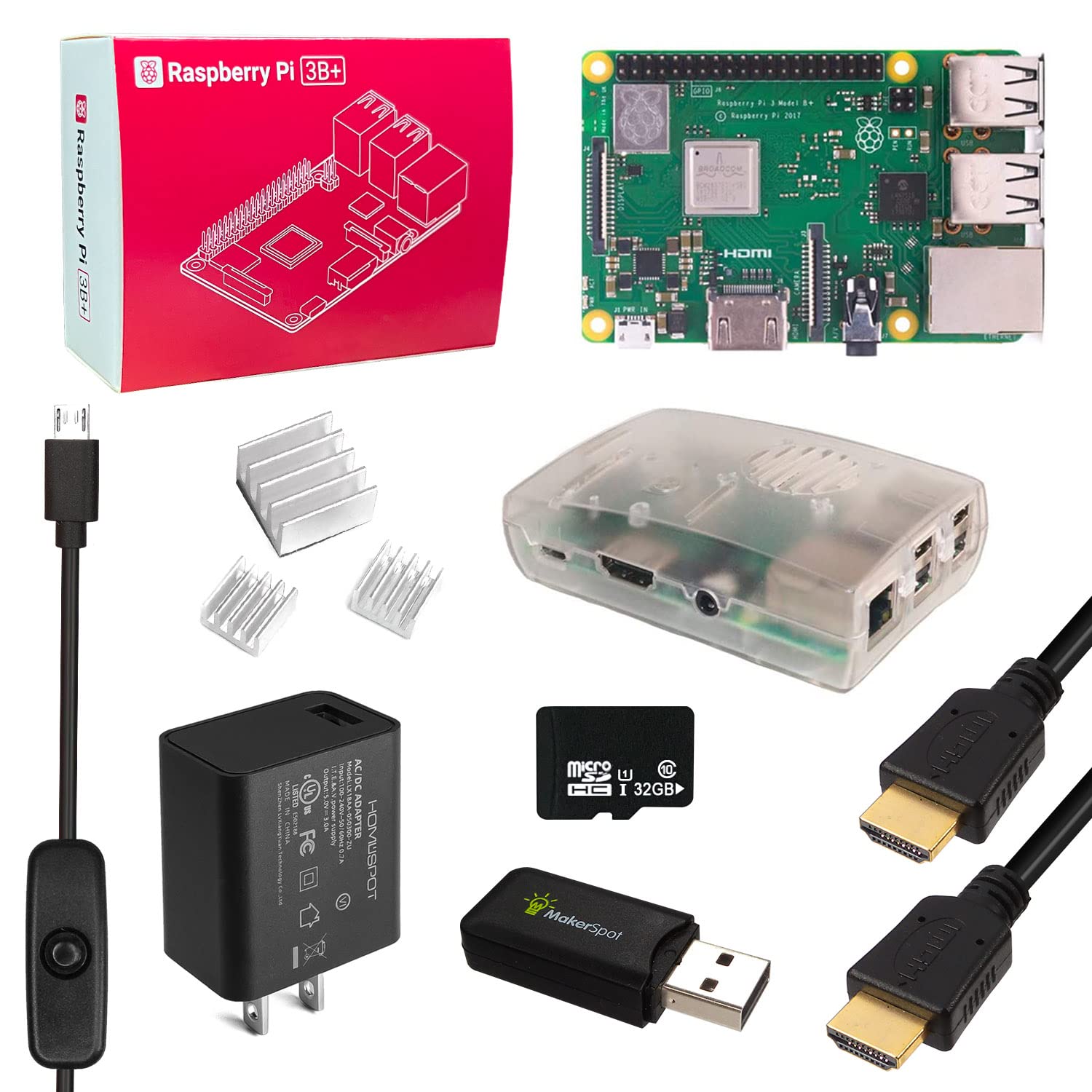 MakerSpot, Raspberry Pi 3 B+ Model B Plus Starter Kit by MakerSpot with 5v3a UL Listed Charger HDMI Cable Heat Sink & 32GB MicroSD Card
