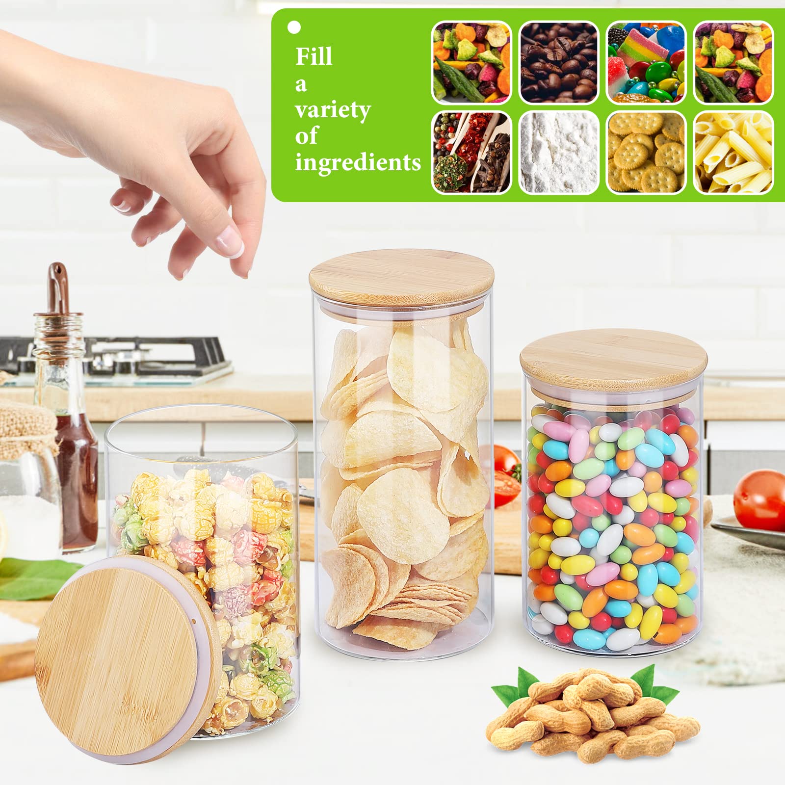 ABUVOV 5PCS Glass Storage Jars with Airtight Bamboo Lid Food Storage Containers Stackable Kitchen Cylinder Canisters for Candy, Cookie, Sugar, Flour, Pasta, Nuts and Spice Sealing and Preserving