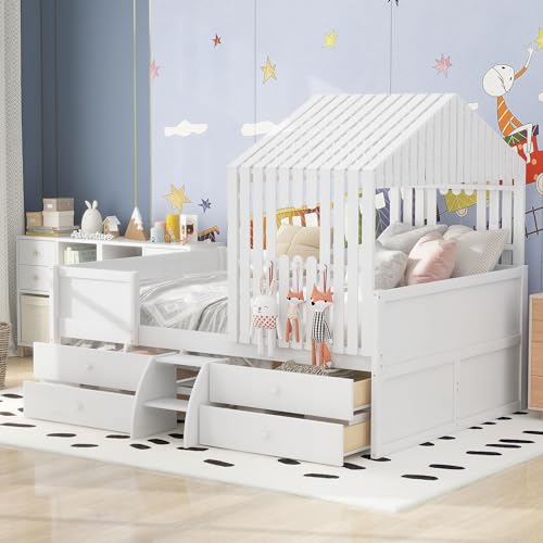DRELOFT Full Size Low Loft Bed, Wooden House Shaped Loft Bed Frame with 4 Storage Drawers for Kids Teens Boys Girls, Easy Assembly, No Box Spring Needed, White