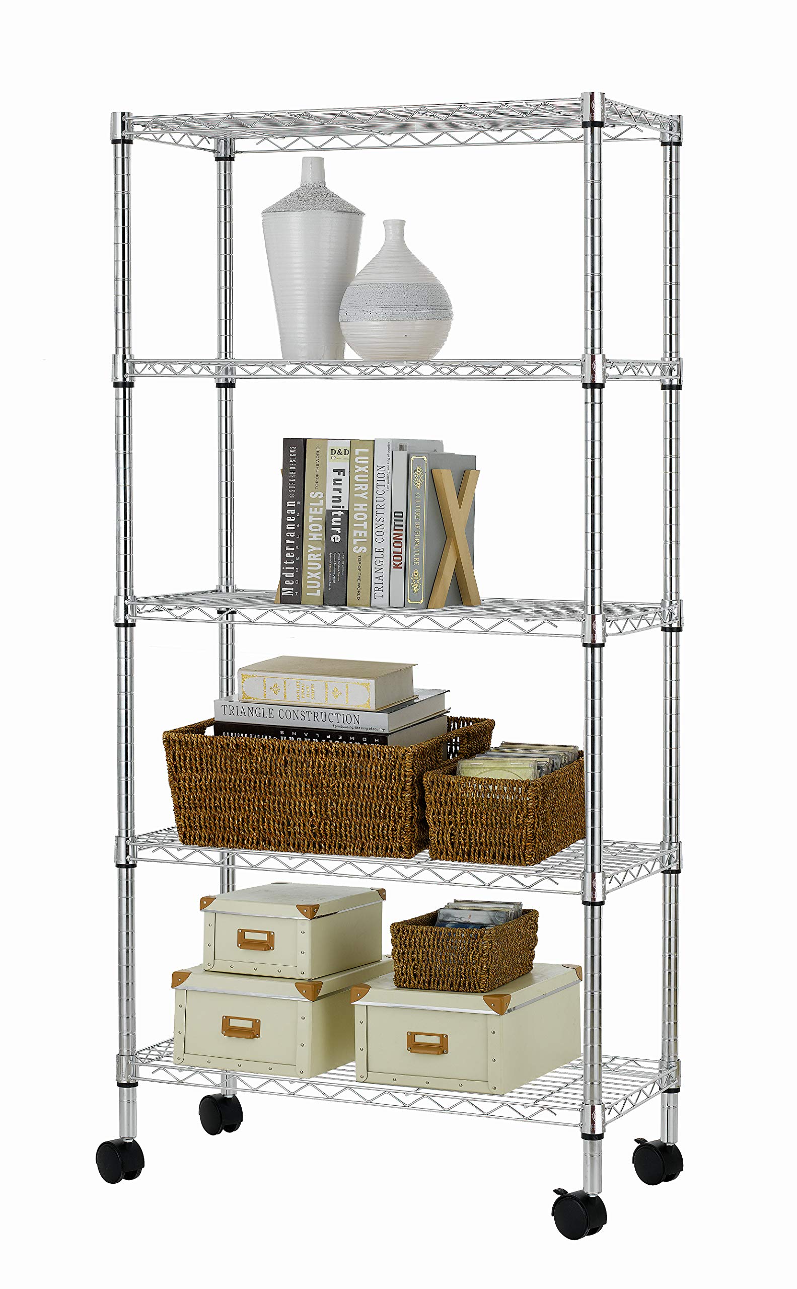 HSS 5 Shelf Wire Shelving Rack with Casters, 14" Dx30 Wx62 H, Chrome Color