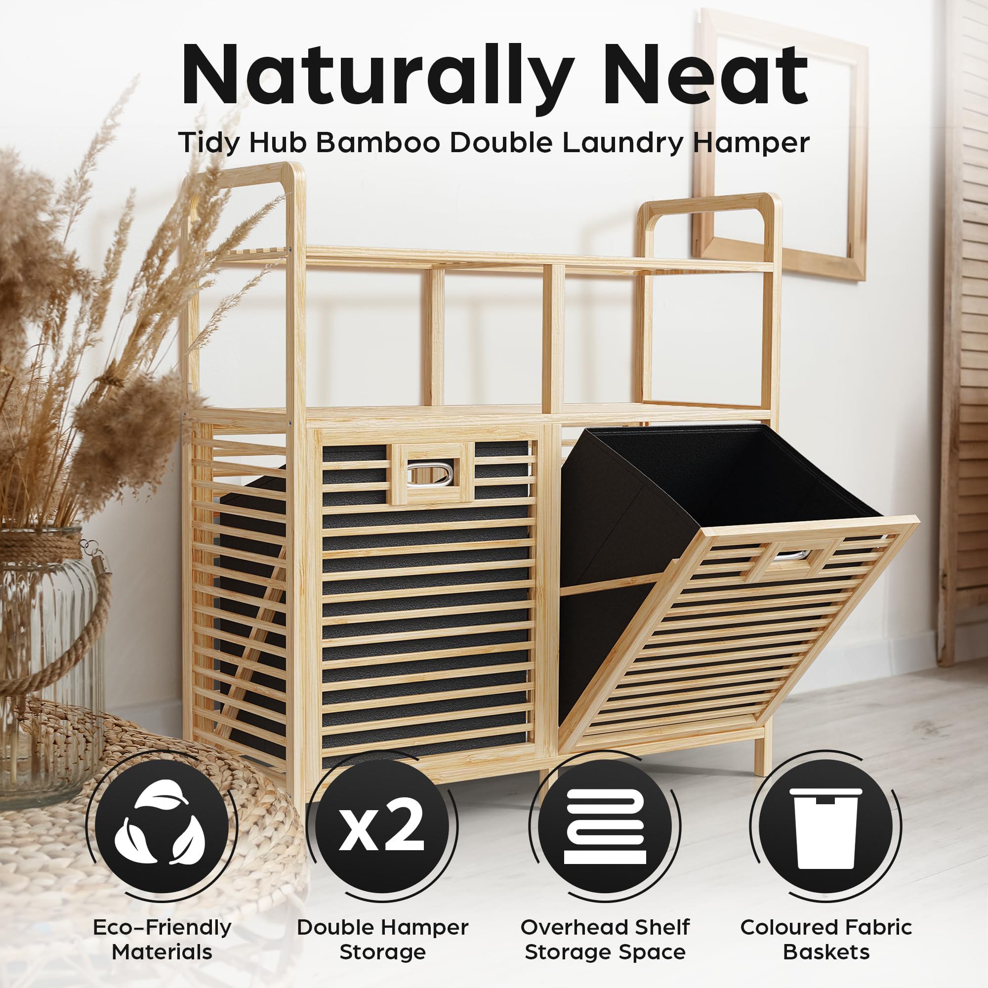 TidyHub Double Tilt Out Laundry Hamper with Shelf - Durable Bamboo Hamper with 2 Removable Laundry Liner Fabrics, Easy Grab Handle & Manual - Pull Out Laundry Hamper Cabinet for Clothes Towels Toys