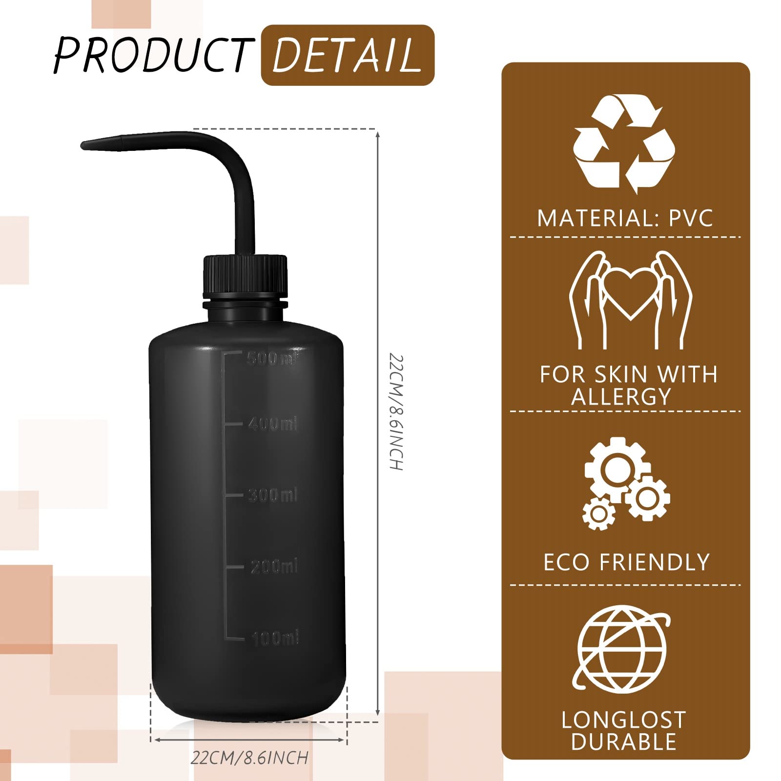 Epakh 6 Pcs 500 ml Tattoo Wash Bottle Water Squirt Bottle Lab Squeeze Bottles Lash Water Bottle Squeezer Safety Rinse Bottle for Eyelash Extensions, Tattoo Supplies, Cleaning, Succulent (Black)