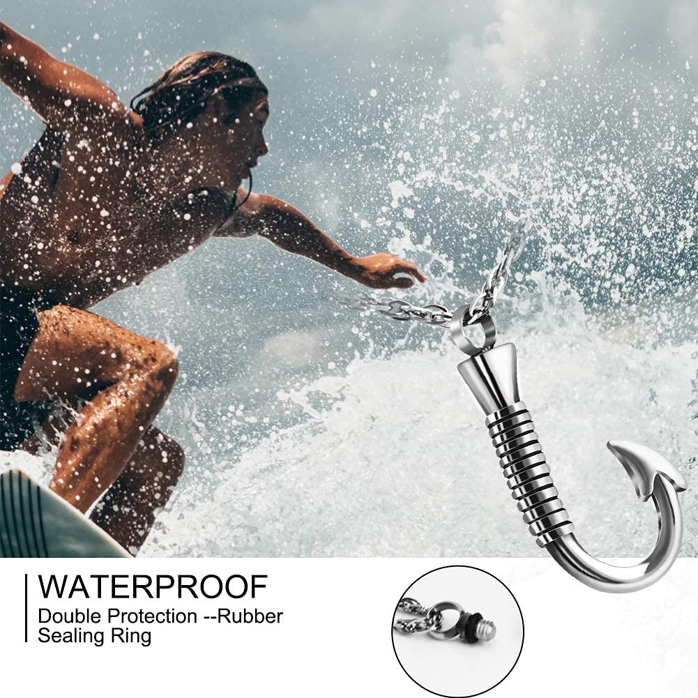 abooxiu Fishing Hook Urn Necklace for Ashes Fish Hook Stainless Steel Cremation Jewelry Memorial Pendant Keepsake for Men(Silver)