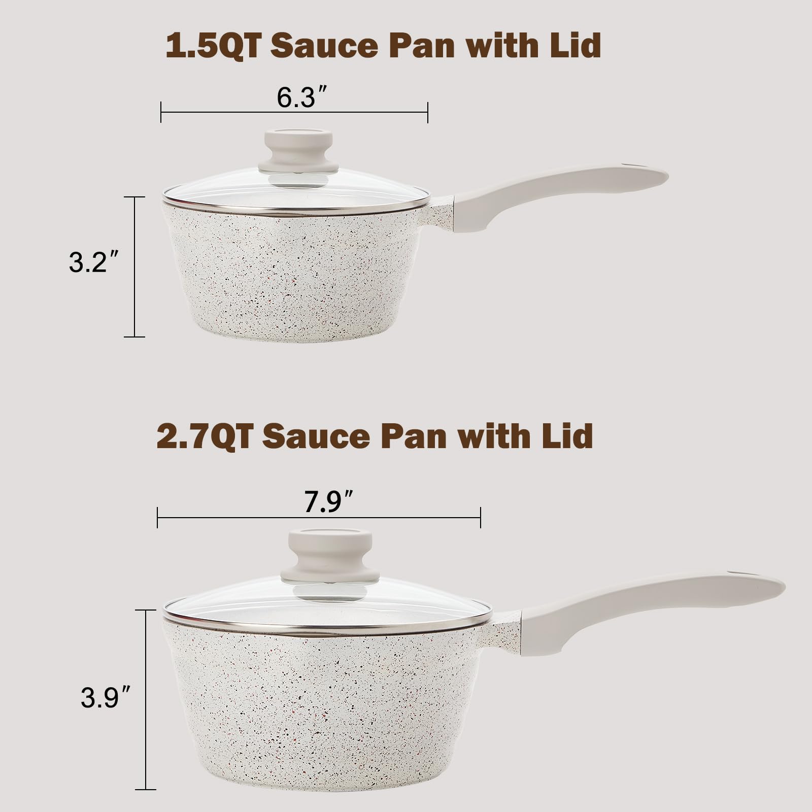 ROSSETTO 1.5QT Sauce Pan with Lid, Ceramic Non Stick Small Pot for Cooking, Saucepan with Pour Spout, Dishwasher Safe, Induction Pot with Bakelite Handle, PFOA and PFAS Free, White Granite
