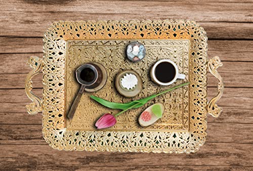 chancegift Turkish Tea Coffee Beverage Dinning Serving Tray with Handled Ottoman Motif Decorative Middle Table Drink Bathroom Rectangular Suitable for Gift (16.5x10.7x1 INC) 42x28x2cm Gold, (A2022)