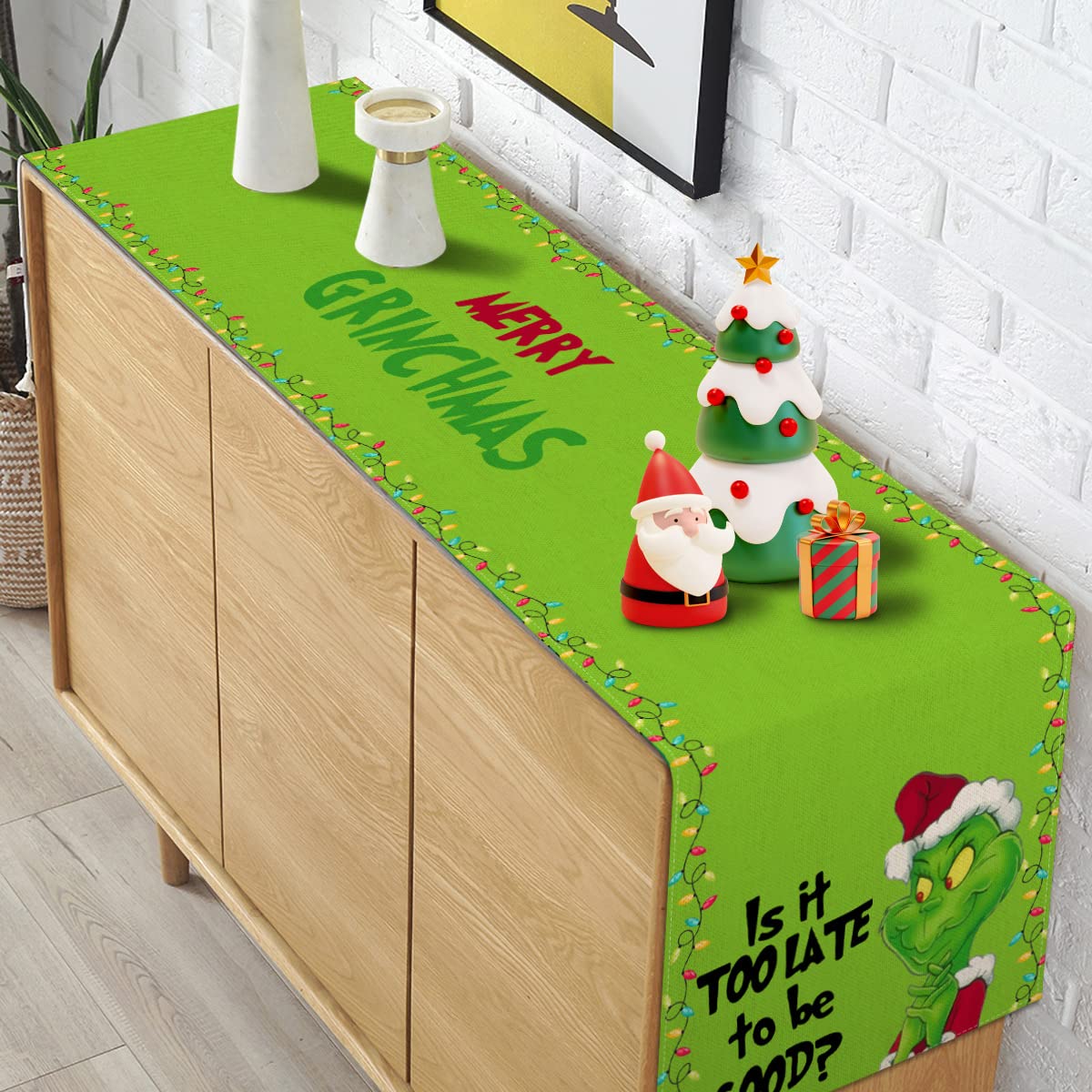 Merry Christmas Table Runner Green Xmas Buffalo Plaid Check Winter Holiday Party Decoration Fireplace Kitchen Dinning Home Decor 72Inches Long