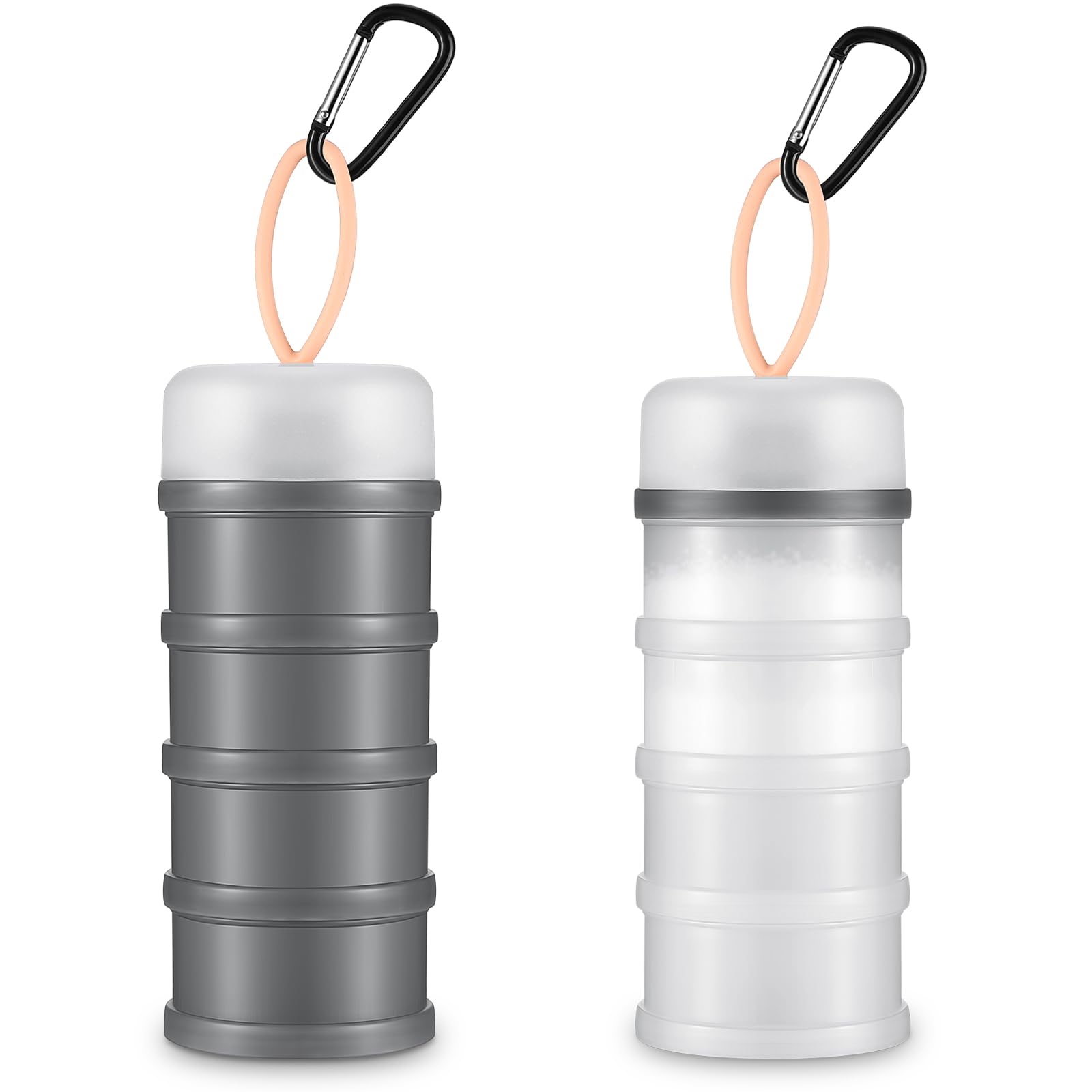 Baderke 2 Pcs Protein Powder Container with Funnels Stand, 4 Stackable Leakproof Protein Powder Dispenser, Portable Keychain Protein Powder Container for Workout, Fitness, Travel (Gray, White)