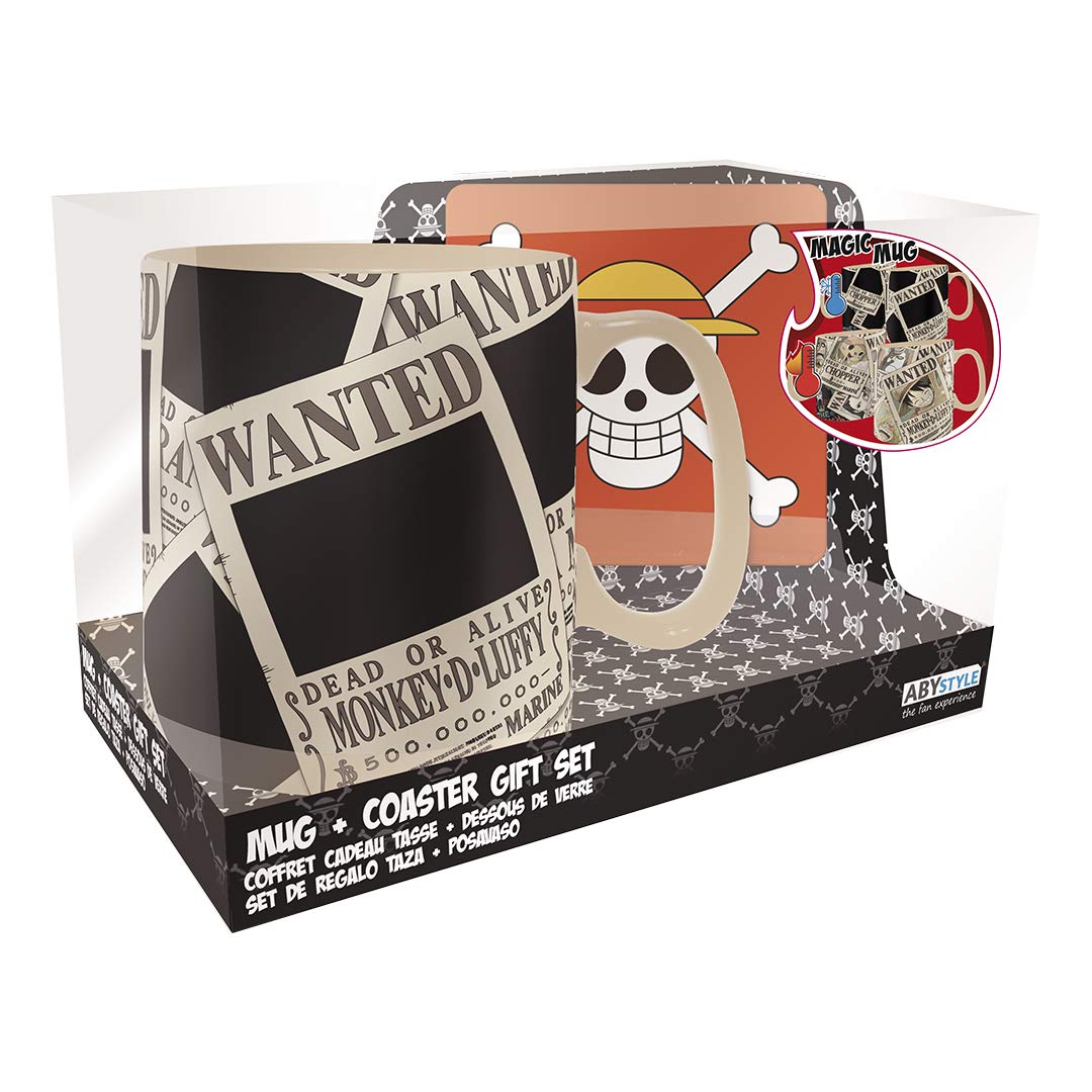 ABYSTYLE One Piece Straw Hat Crew Magic Heat Change Ceramic Coffee Tea Mug 16 Oz. & Absorbent Coaster Gift Set Anime Manga Drinkware 2 Pcs