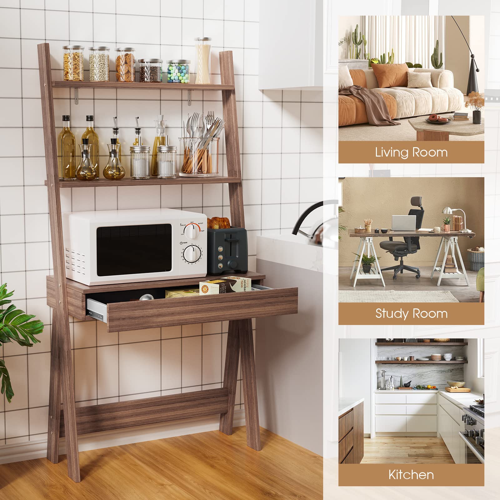 Giantex 3 Tier Ladder Desk with Drawer, 33" Width Walnut Ladder Shelf with Anti-Tipping Device, Freestanding Bookshelf, Leaning Computer Desk with Shelves for Small Space