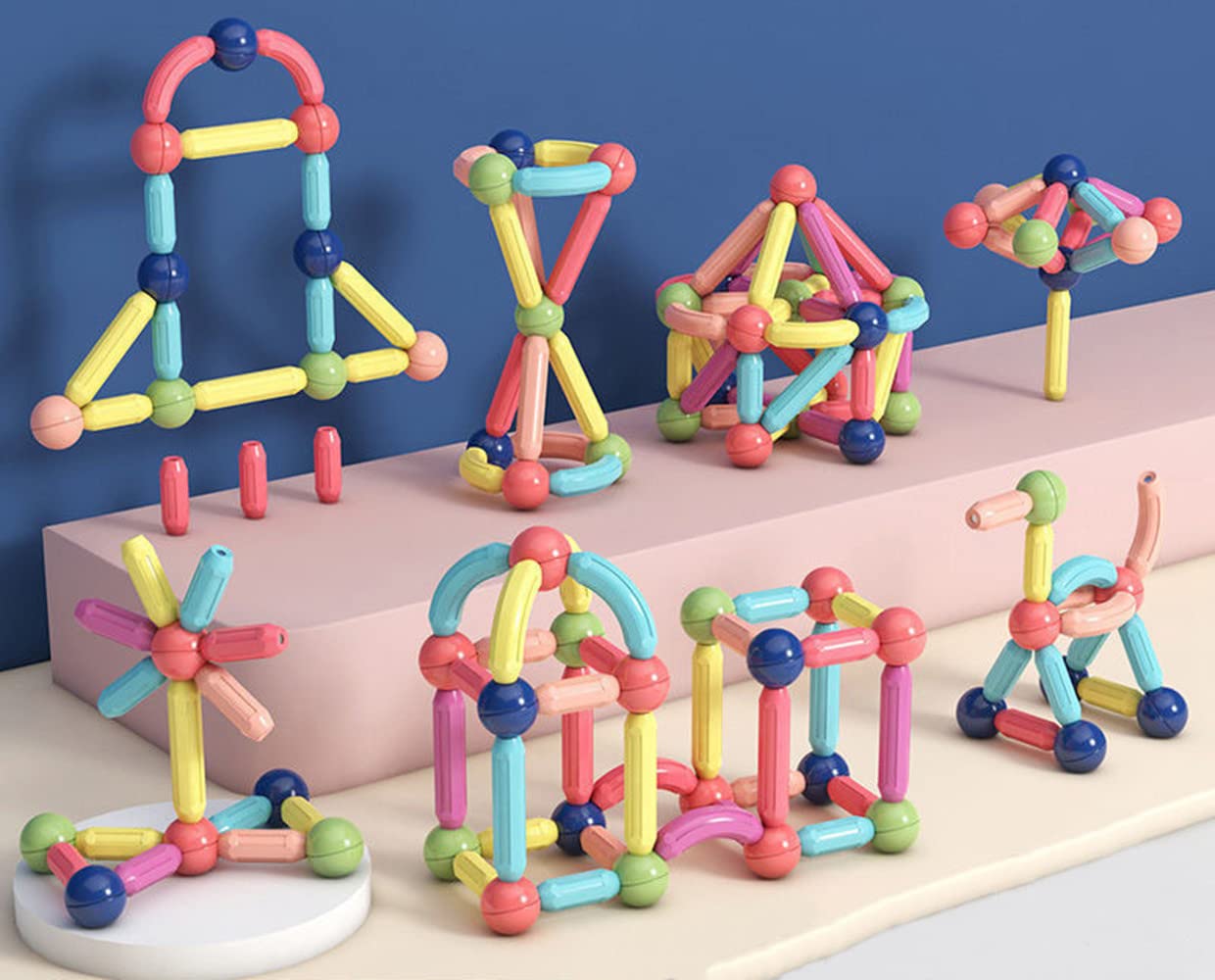 fengyang 64 PCS DIY Magnetic Balls and Rods Set Building Sticks Blocks Vibrant Colors Different Sizes Curved Shapes Children Educational Stacking STEM Magnet Toys for Kids Age 3+…