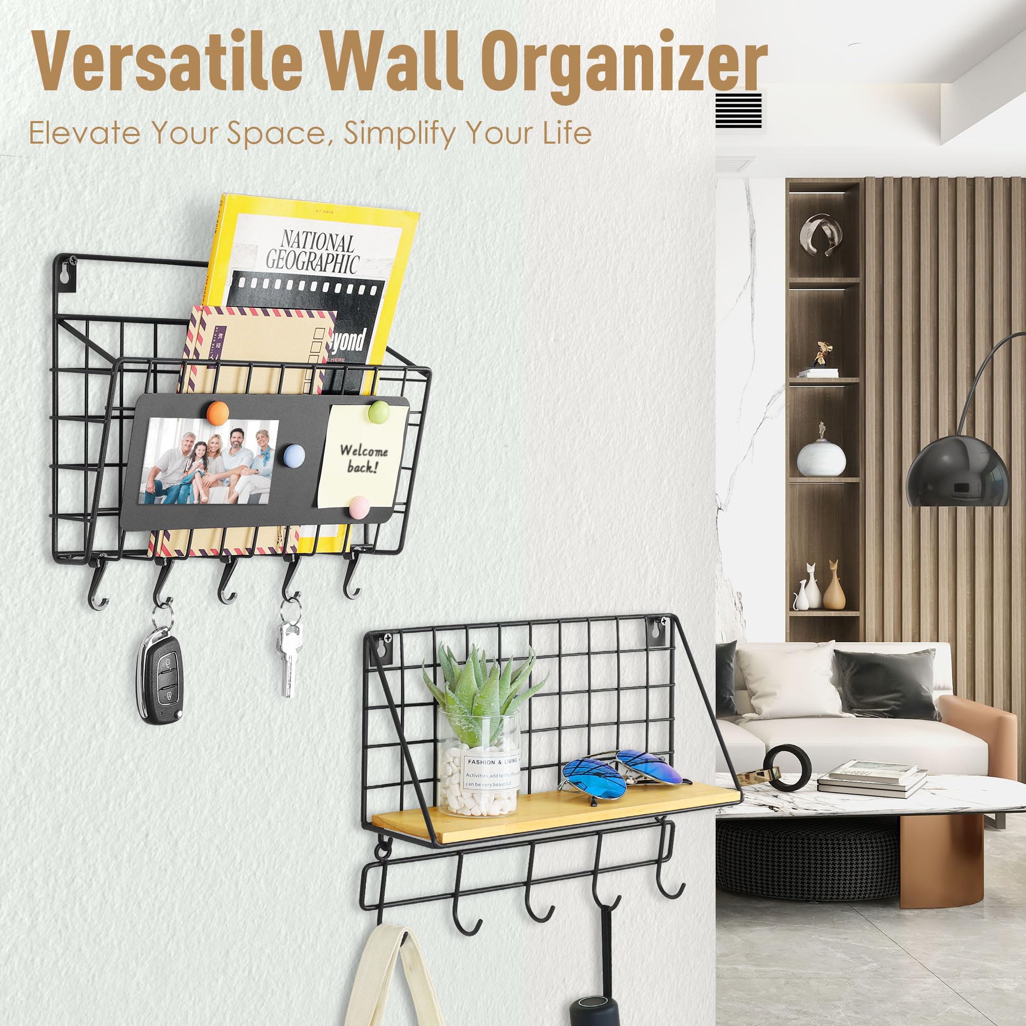 Baeymonkay Easy Installation Key Holder Wall Mount, Mail Organizer Mail Holder for Wall with 5 Hooks, Iron Key Hooks for Entryway Decor, Key Hanger, Key Rack, Matte Black(Single Mail)