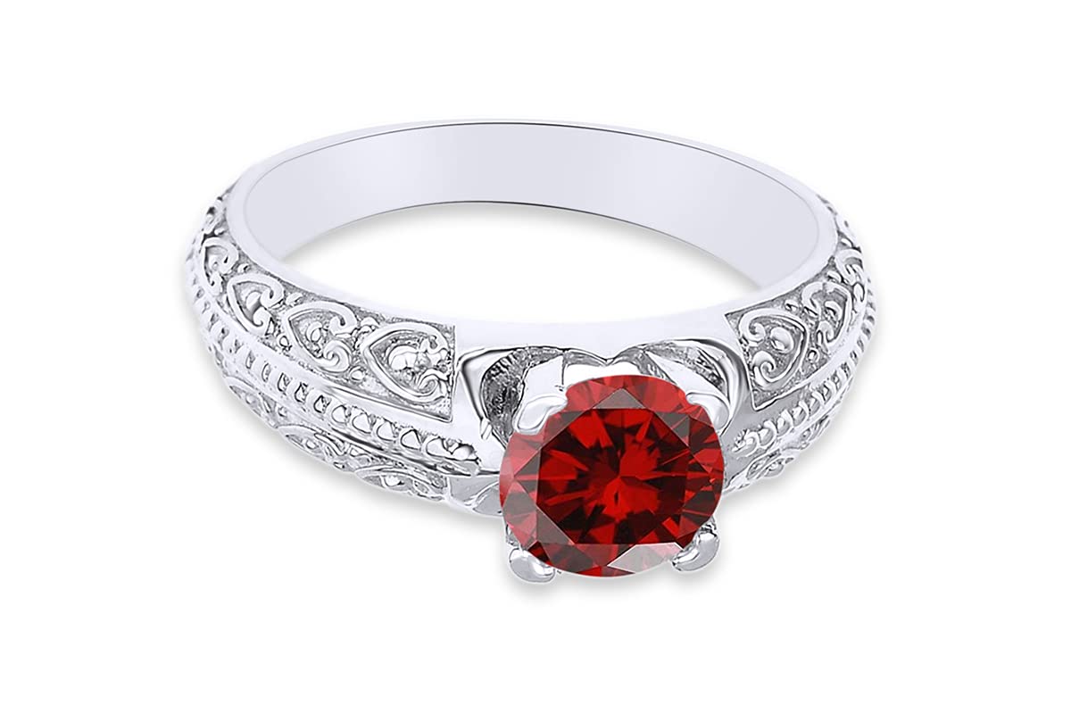 AFFY Round Shape Simulated Garnet In 14K White Gold Over 925 Sterling Silver Ring Size 13.5