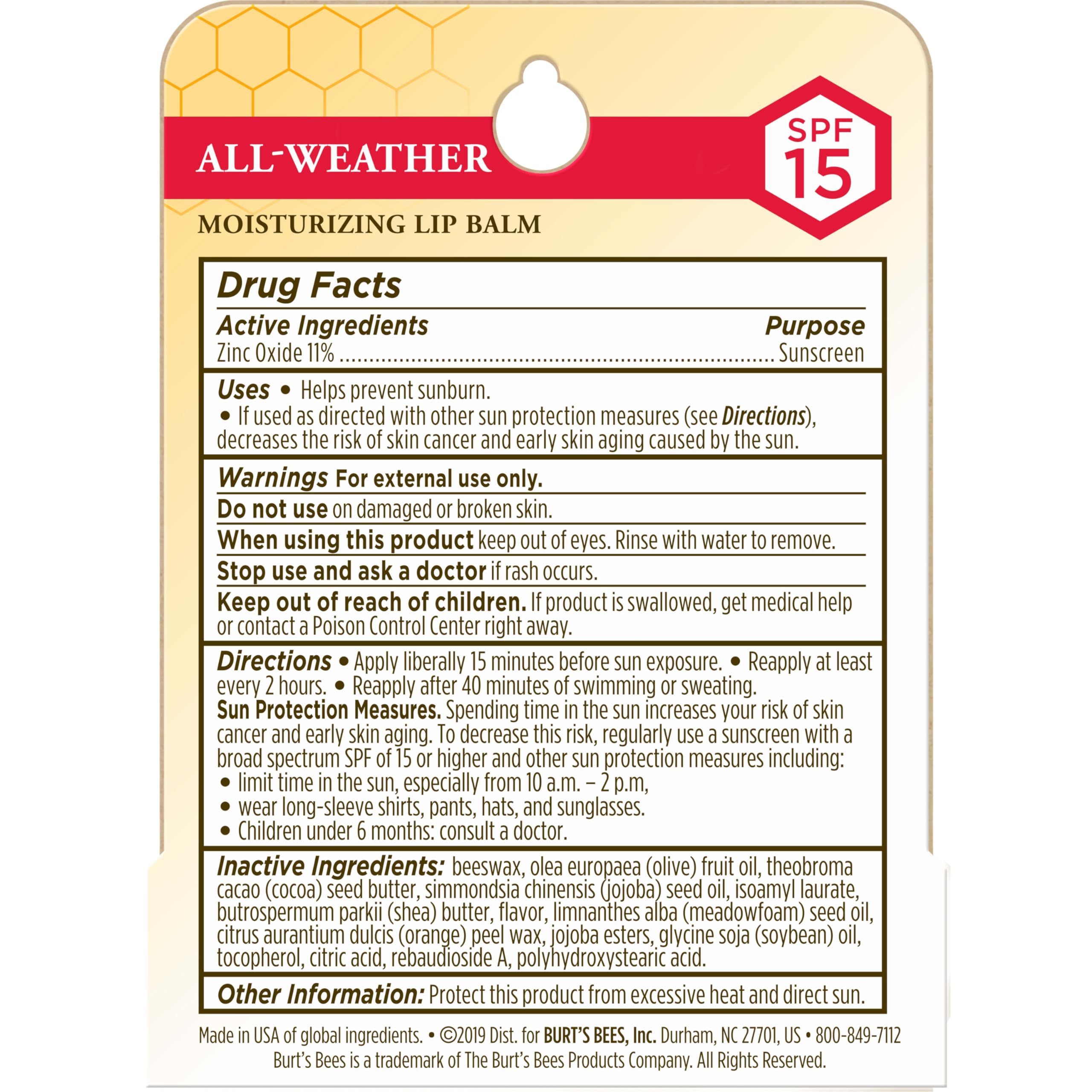Burt's Bees All Weather SPF 15 Lip Balm, Water-Resistant Lip Moisturizer, Tint-Free, Natural Conditioning Lip Treatment, 1 Tube, 0.15 oz.