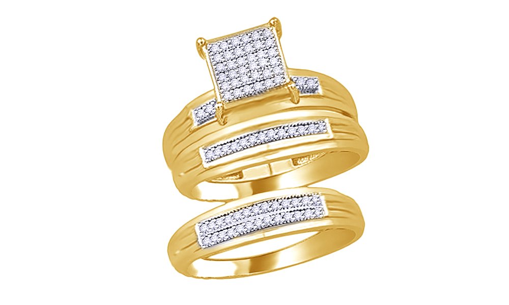 AFFY White Natural Diamond Wedding & Engagement Trio Band Ring Set in 10k Solid Yellow Gold (0.25 Cttw)