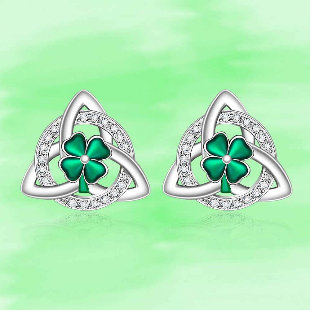 Celtic Knot Green Shamrock Earrings for Women Studs Four Leaf Clover St Patricks Day Earrings Triangle Jewelry Birthday Irish Birthday Gifts Sterling Silver