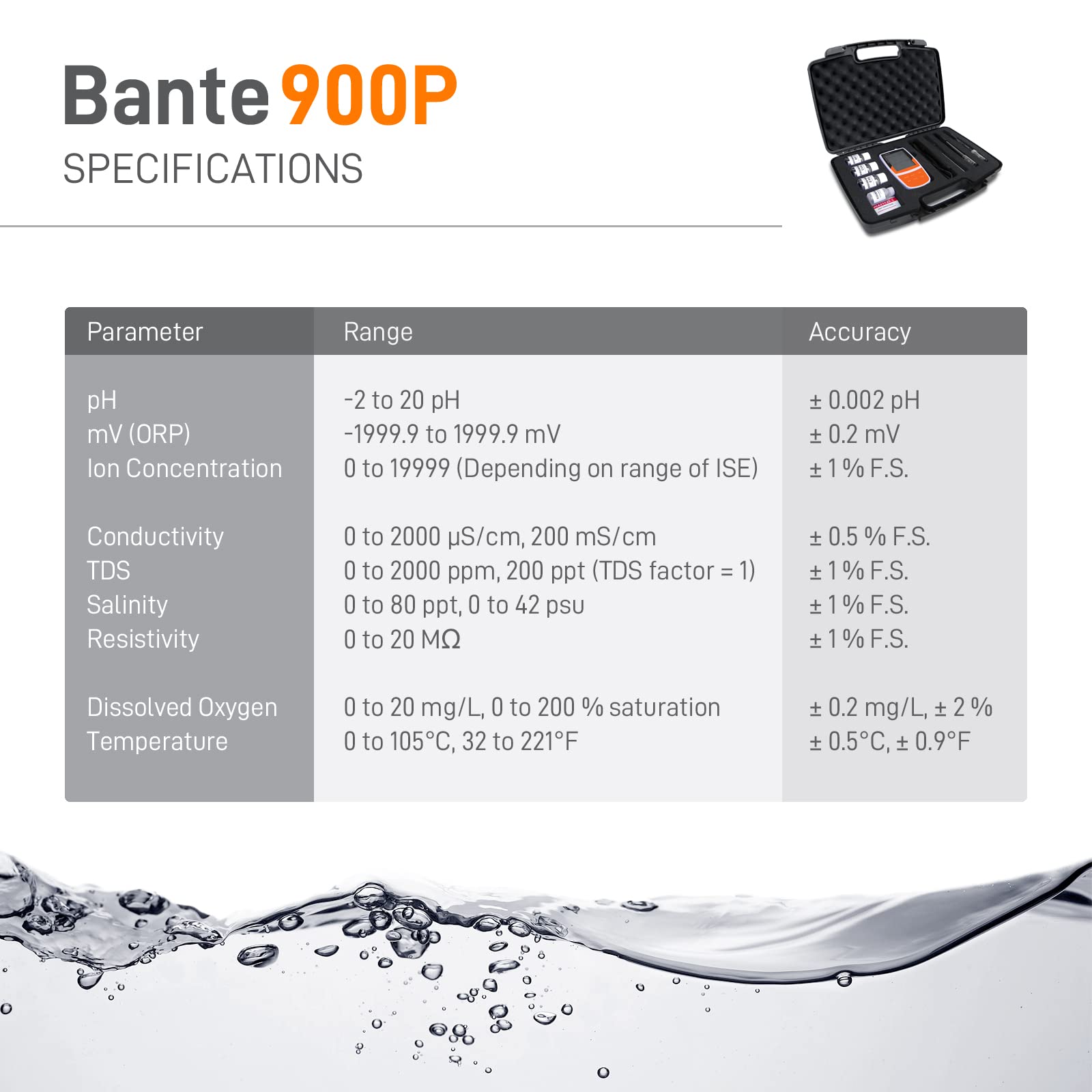 Bante 900P Portable pH/Conductivity/Dissolved Oxygen Meter | Multiparameter Water Quality Meter | for Measuring pH, ORP, Ion, Conductivity, TDS, Salinity, Resistivity, Dissolved Oxygen