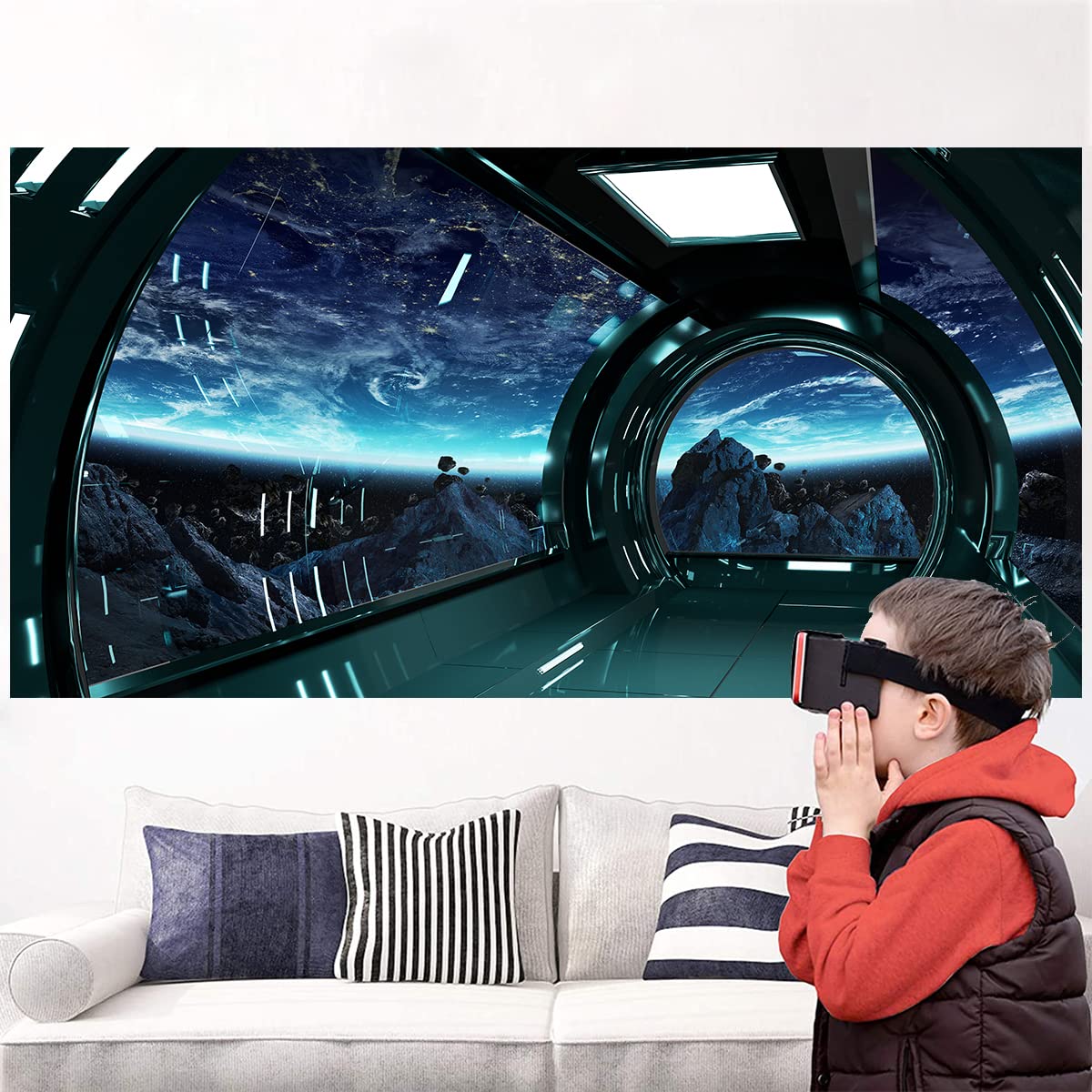 79x40 Inch Large Spaceship Wall Decal Outer Space Views from The Spaceship Removable Self-Adhesive Large Spaceship Wallpaper for Kids Bedroom Living Room Decor