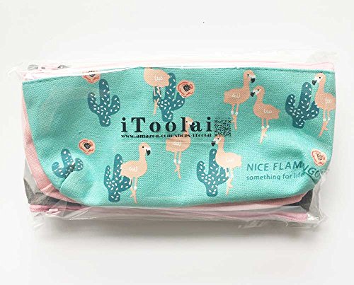 iToolai Canvas Pen Pencil Case Bag Zipper Travel Pouch Cosmetic Bags (Pack of 4, Flamingo and Cactus)