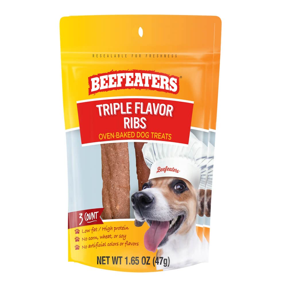 Beefeaters Dog Treats - Triple Flavor Ribs 1.65oz Case of 12 | Rawhide Dog Treats Wrapped with Real Chicken | Promotes Dental Health | Dog Food Long-Lasting Chew | Training Treats for All Dog Sizes