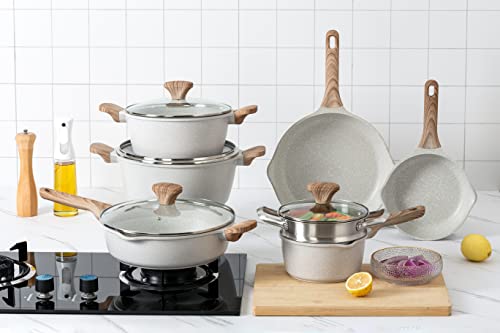 Country Kitchen Nonstick Induction Cookware Sets - 11 Piece Nonstick Cast Aluminum Pots and Pans with BAKELITE Handles - Induction Pots and Pans with Glass Lids -Cream