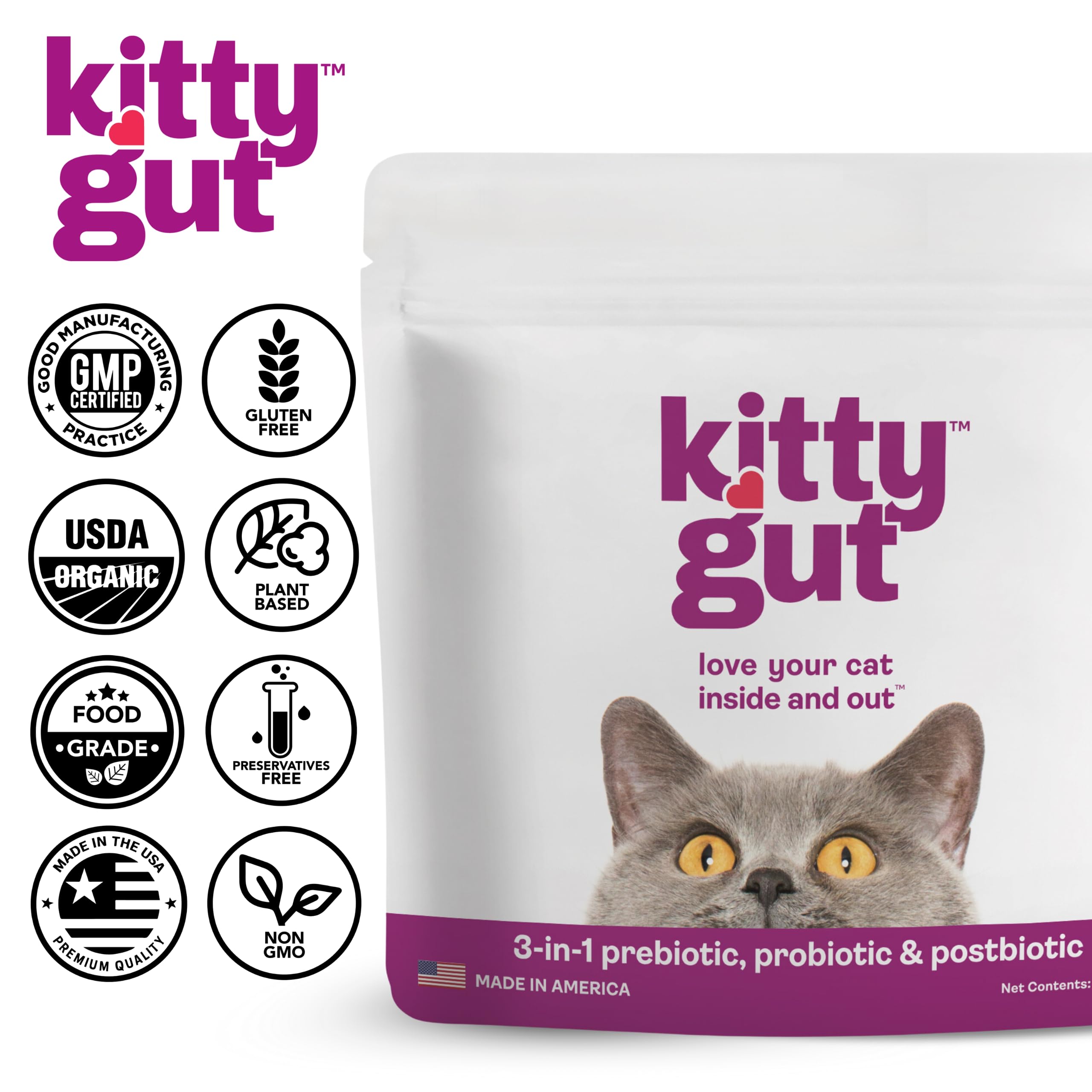 KittyGut 3-in-1 Organic Cat Probiotics & Postbiotic Supplement Powder- Made in USA-Probiotics for Cats Promote Gut Health and Cat Digestive Support, Diarrhea and Vomiting (90g)