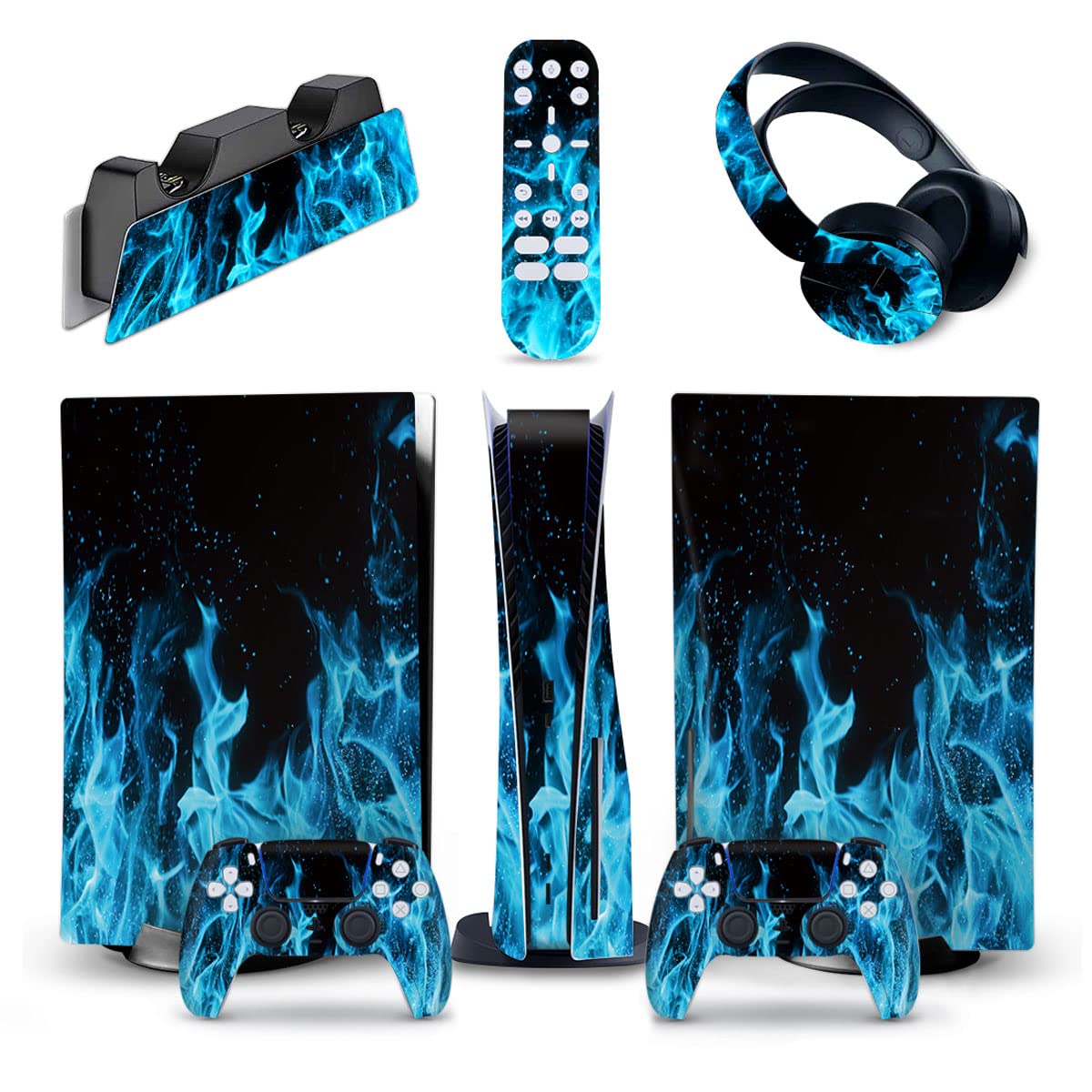 CENSTEEL PS5 Skin for PlayStation 5 Disc Version, Sticker for PS5 Vinyl Decal Cover for Playstation 5 Controller & Charging Station & Headset & Media Remote - Frozen Flame